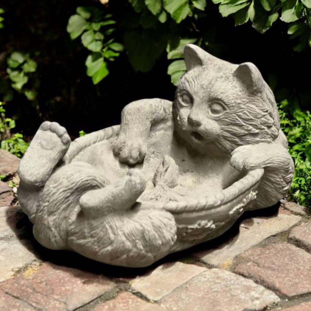 Stone Cat Figurine Pet Water Bowl Concrete Pet Feeder Garden Ornament ...