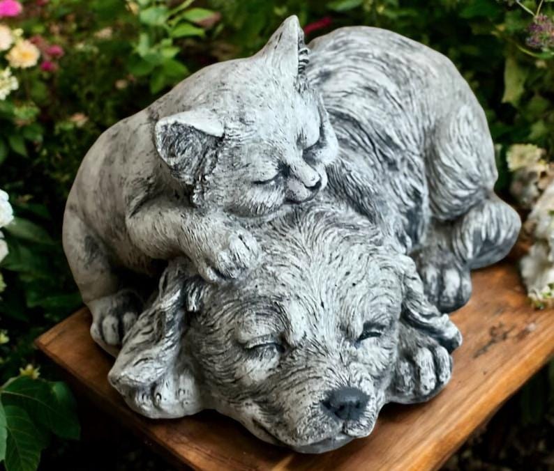 Laying Cat With Dog Sculpture Stone Detailed Pets Figure Backyard or ...