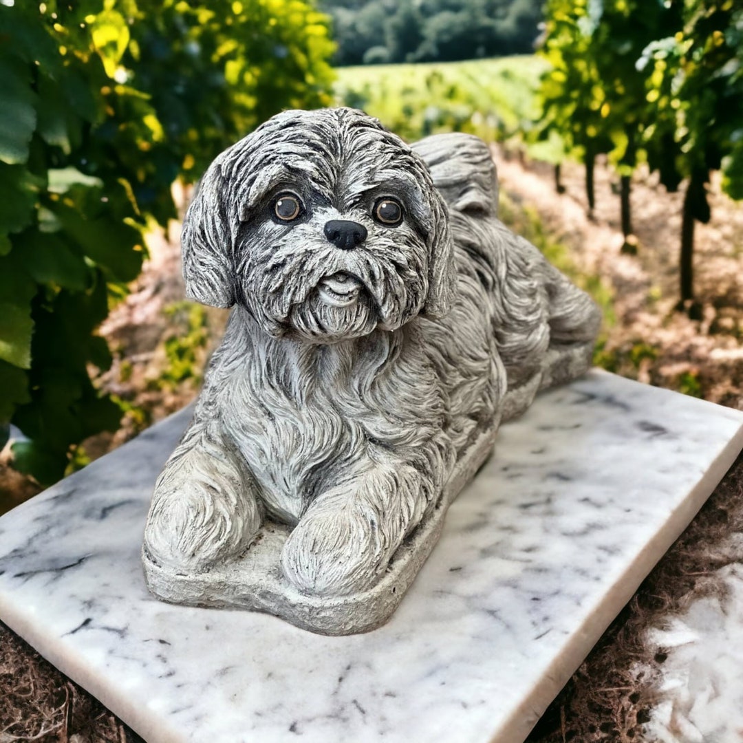 Laying Shih Tzu Statue Concrete Dog Memorial Sculpture Realistic Stone ...