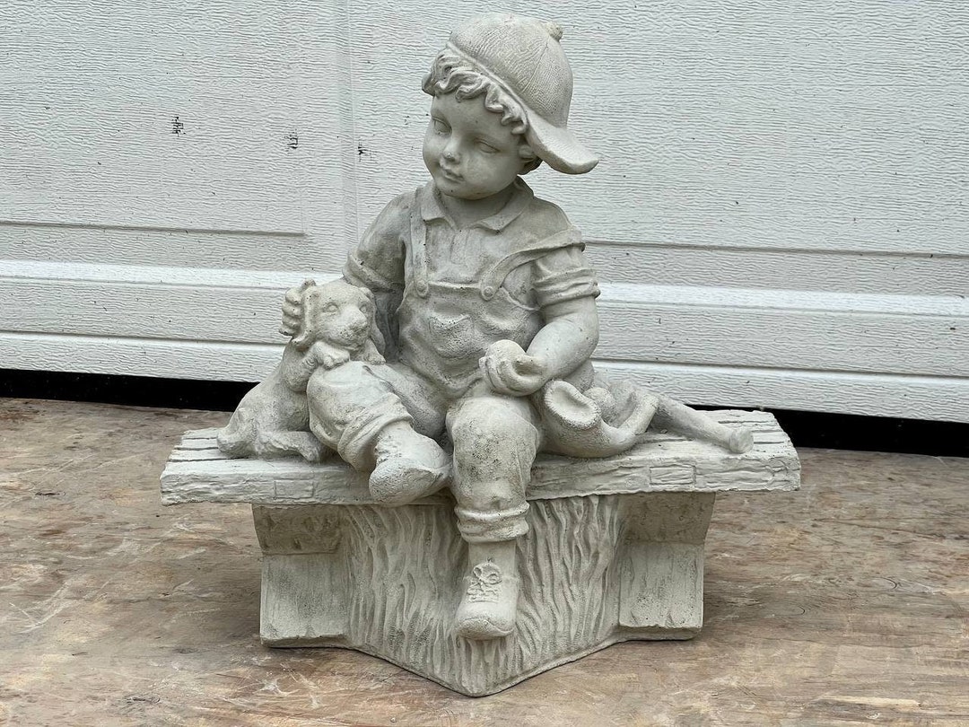 Boy Holding Puppy Statue Concrete Baseball Boy Sculpture for Patio ...