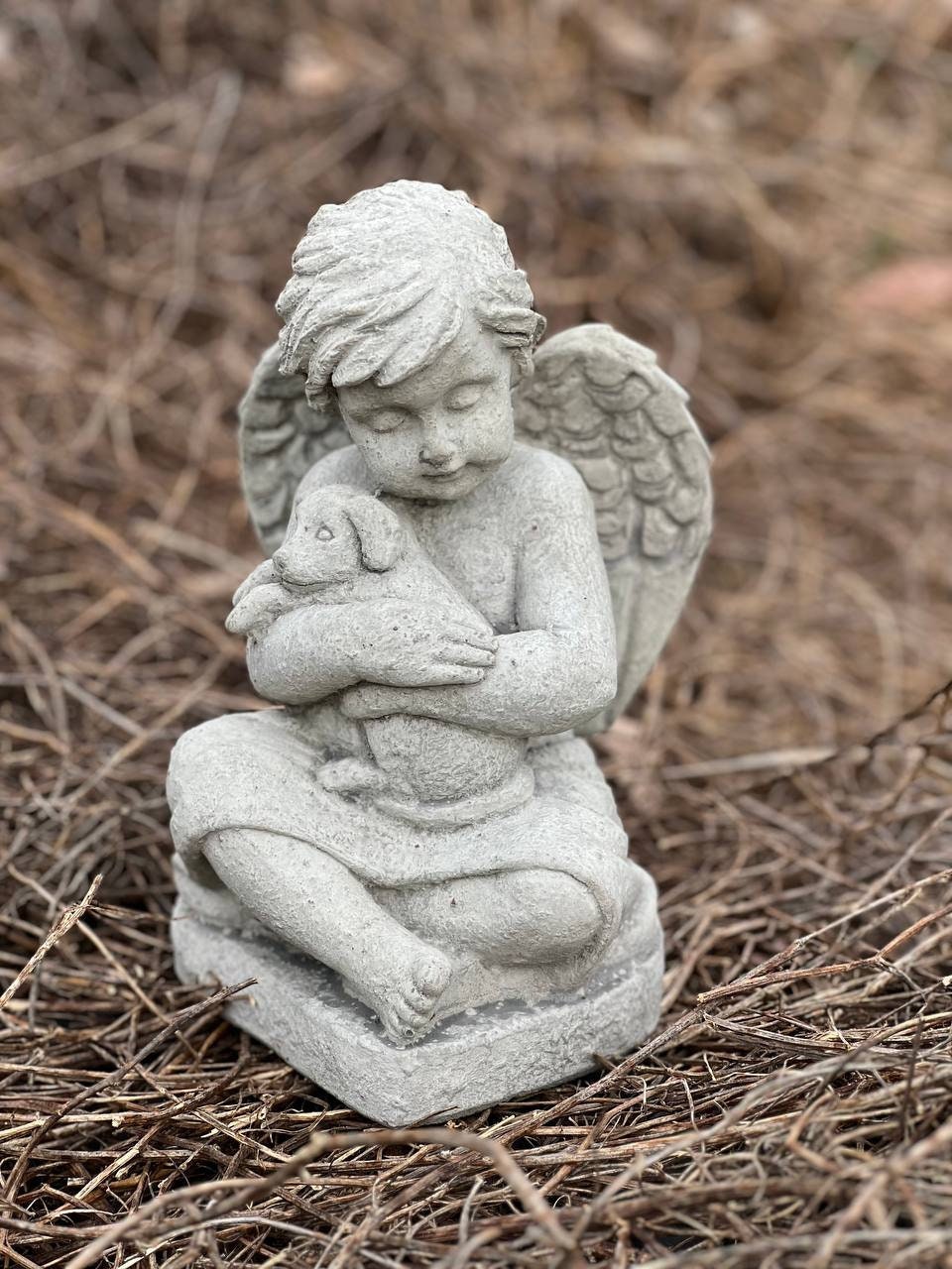 Sitting Boy Cherub With Dog Statue Angel Memorial Sculpture Outdoor ...