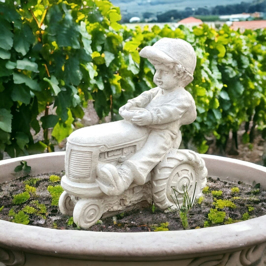 Concrete Child on Tractor Statue Yard Boy Farmer Cement Sculpture Stone ...