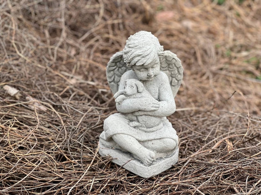 Sitting Boy Cherub With Dog Statue Angel Memorial Sculpture Outdoor ...