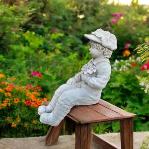 Concrete Sitting Boy With Flowers Figure Garden Cement Kid Statue ...