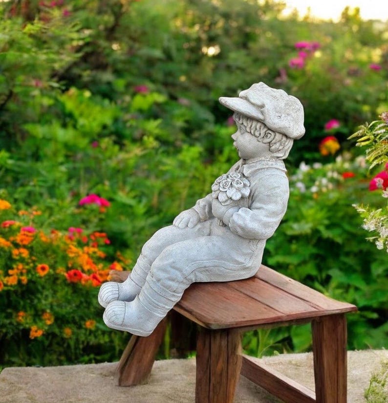 Concrete Sitting Boy With Flowers Figure Garden Cement Kid Statue ...