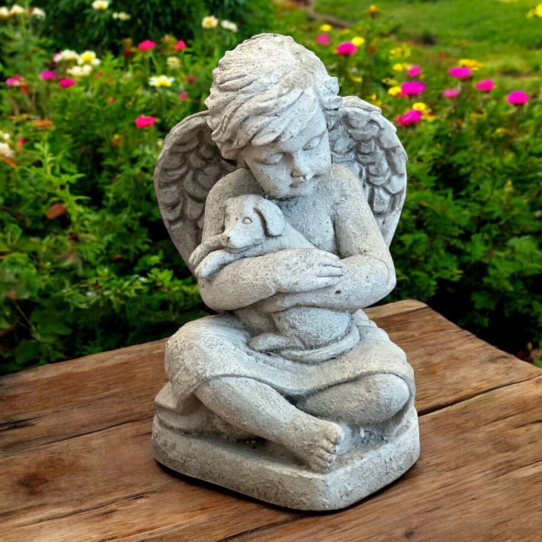 Angel Baby With Dog Statue Yard Cherub With Pet Sculpture Detailed ...