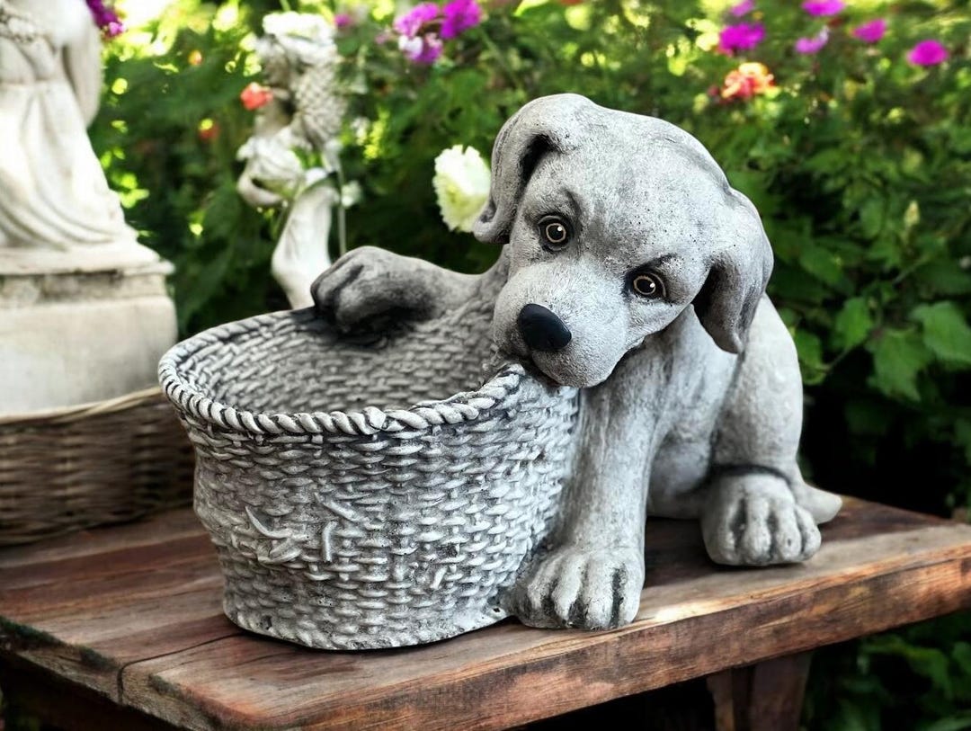 Outdoor Dog With Basket Sculpture Concrete Puppy With Planter Statue ...