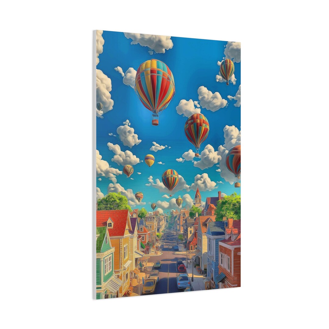 Hot Air Balloon Canvas Print: Whimsical Town Scene - Playroom Wall Art ...