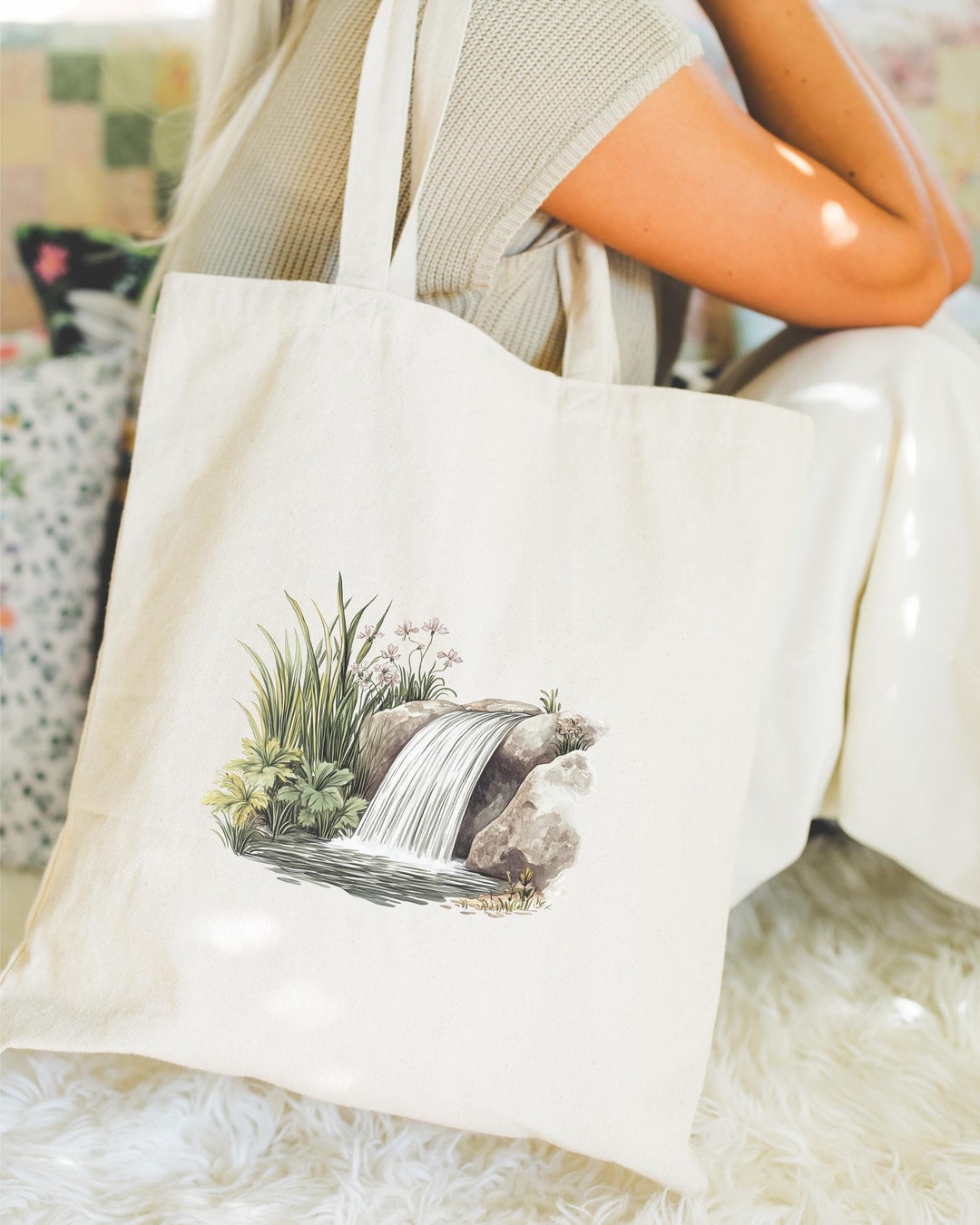 Cottagecore Waterfall Tote Bag, Nature Scene Canvas Bag, Aesthetic ...