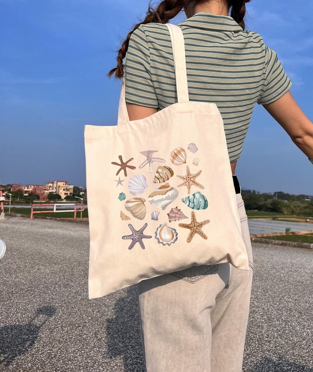 Cute Seashell Tote Bag, Cartoon Seashell Print, Eco-friendly Canvas ...