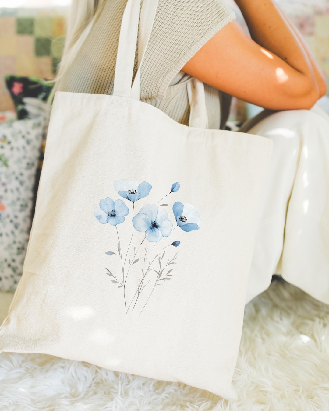 Blue Flower Tote Bag, Floral Print Market Bag, Eco-friendly Reusable ...