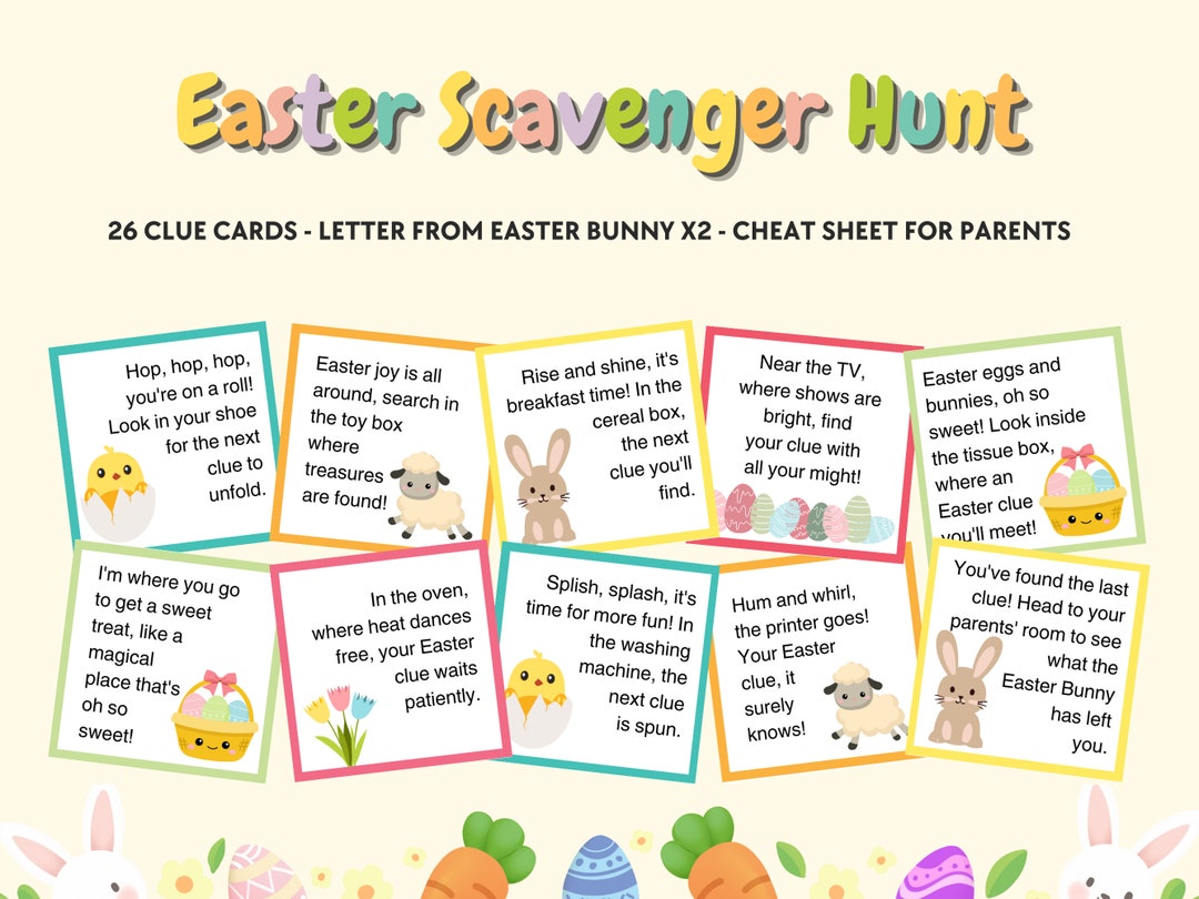 Easter Scavenger Hunt for Kids, Indoor Egg Hunt Clues, Easter Bunny ...