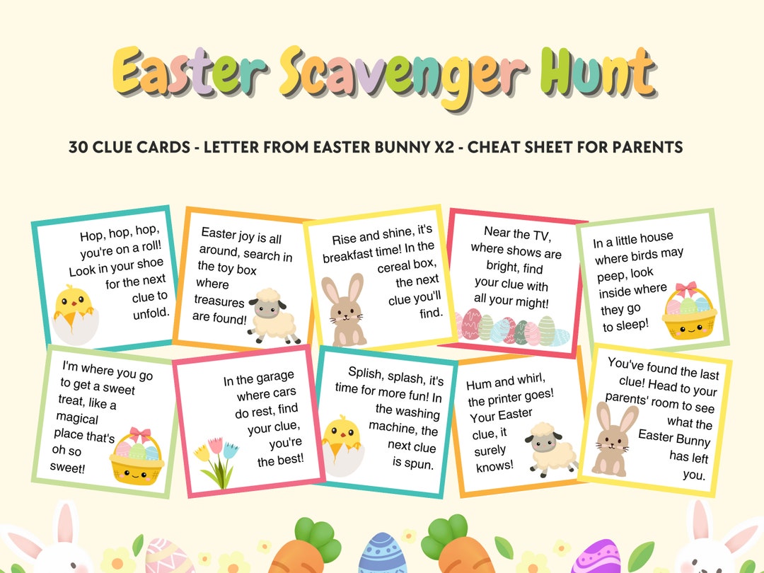 Easter Scavenger Hunt for Kids, Indoor and Outdoor Egg Hunt Clues ...