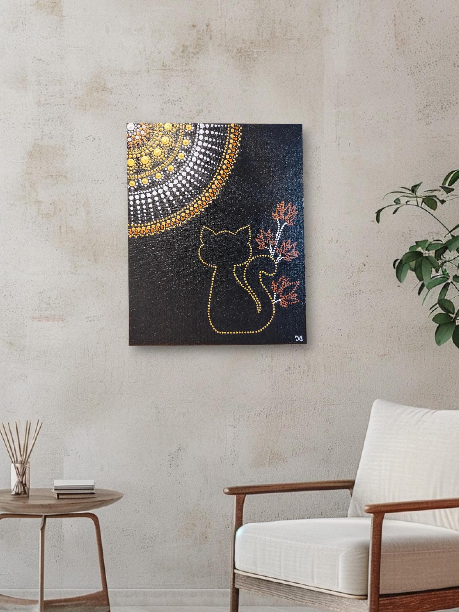 Mandala Dot Painting, Cat, Flowers, Pointillism, Wall Art - Etsy
