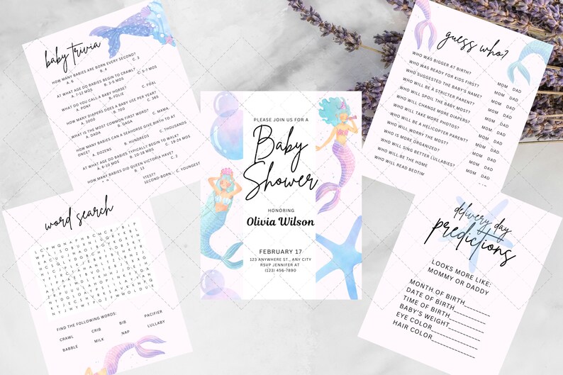 Mermaid Baby Shower Themed Invitations, Under the Sea Baby Shower Games ...