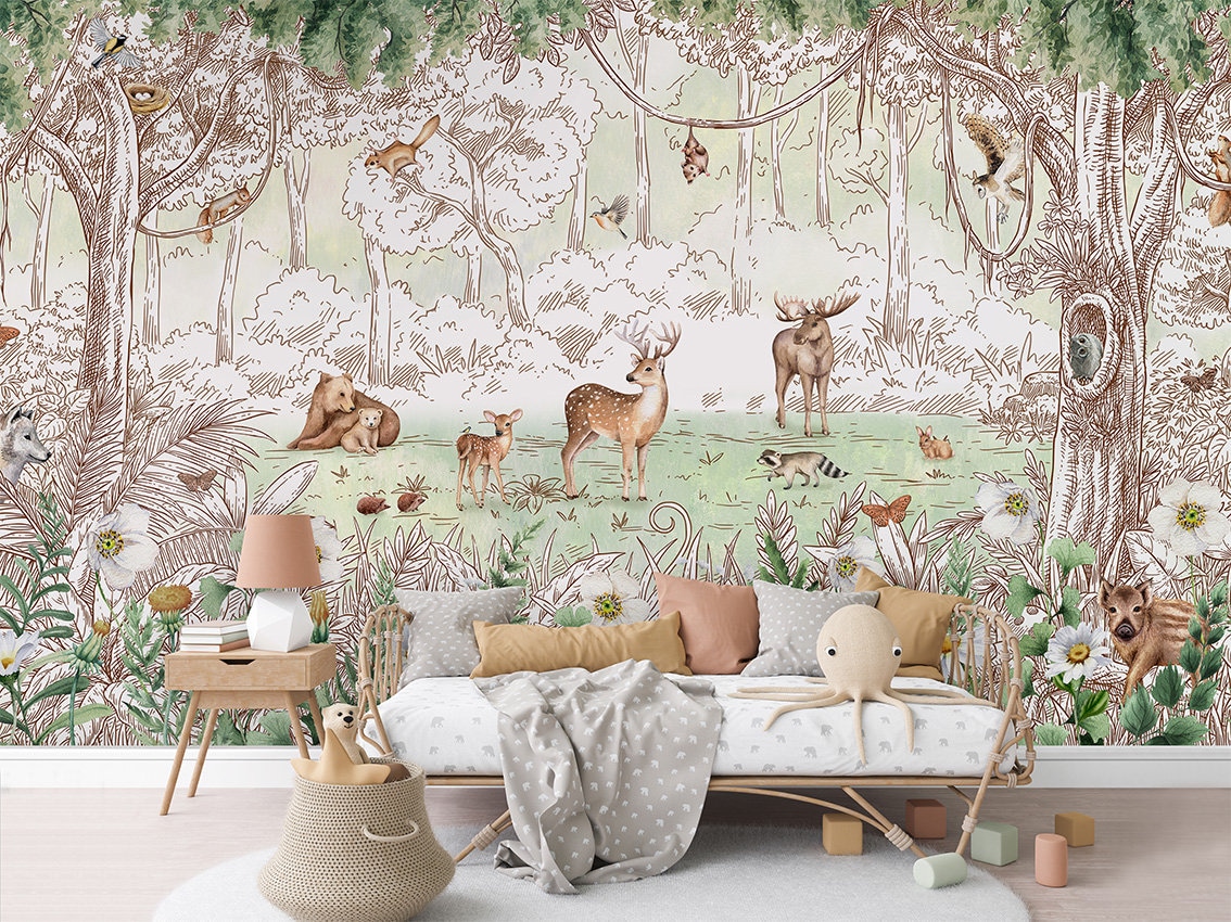 Forest Friends - Kids Wallpaper Mural – Summer, Woodland Animals - Etsy