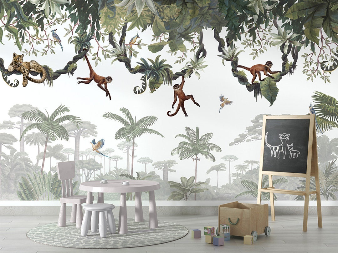 Wallpaper Mural - Cheeky Monkeys - Kids Room, Jungle, Animals, Trees ...