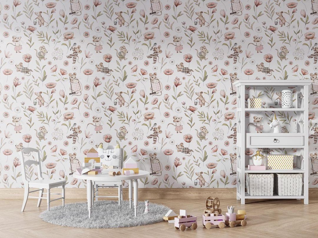 Wallpaper, Mural - Merry Mice – Kids Room, Nursery, Mice, Pink, White ...