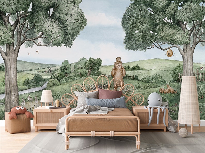 Bears and Bees - Kids Wallpaper Mural – Nature Scene, Forest, Nursery ...