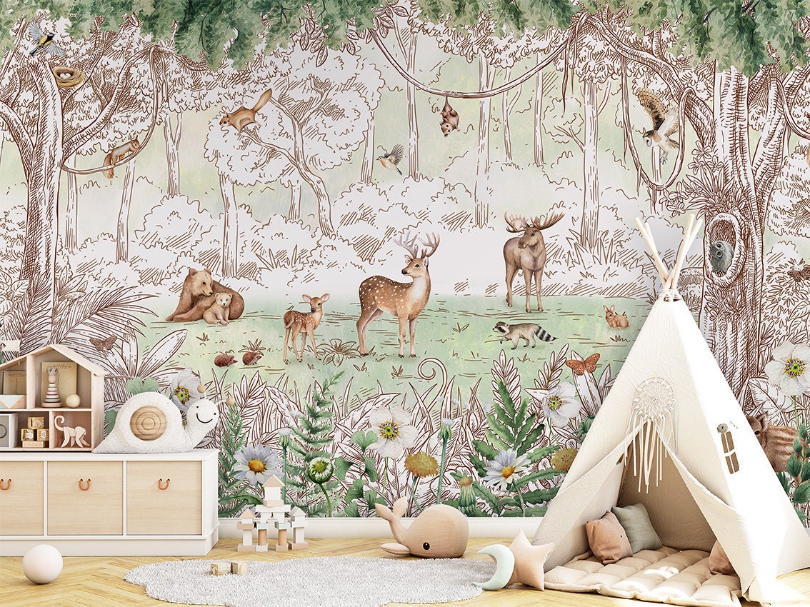 Forest Friends - Kids Wallpaper Mural – Summer, Woodland Animals - Etsy
