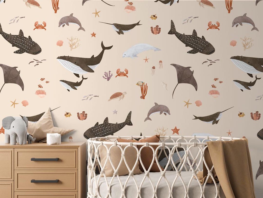 Spledid Sea - Kids Wallpaper Mural - Ocean Animals, Beige Nursery Decor ...