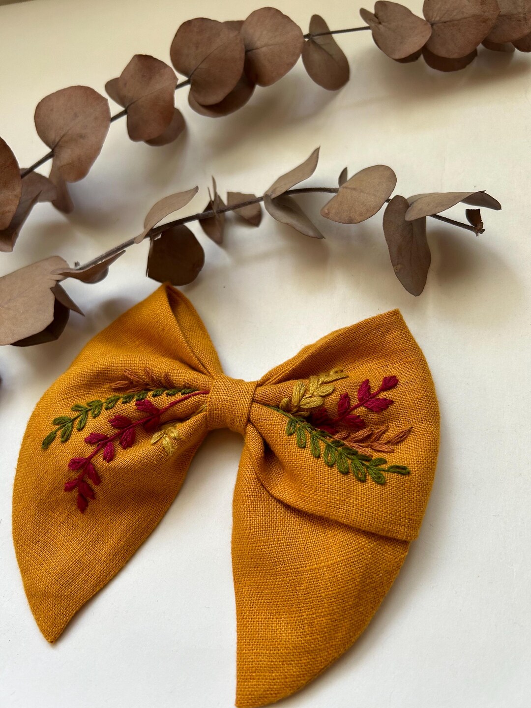 Hand Embroidered Linen Hair Bow: Autumn Twigs, Girls & Women - Etsy
