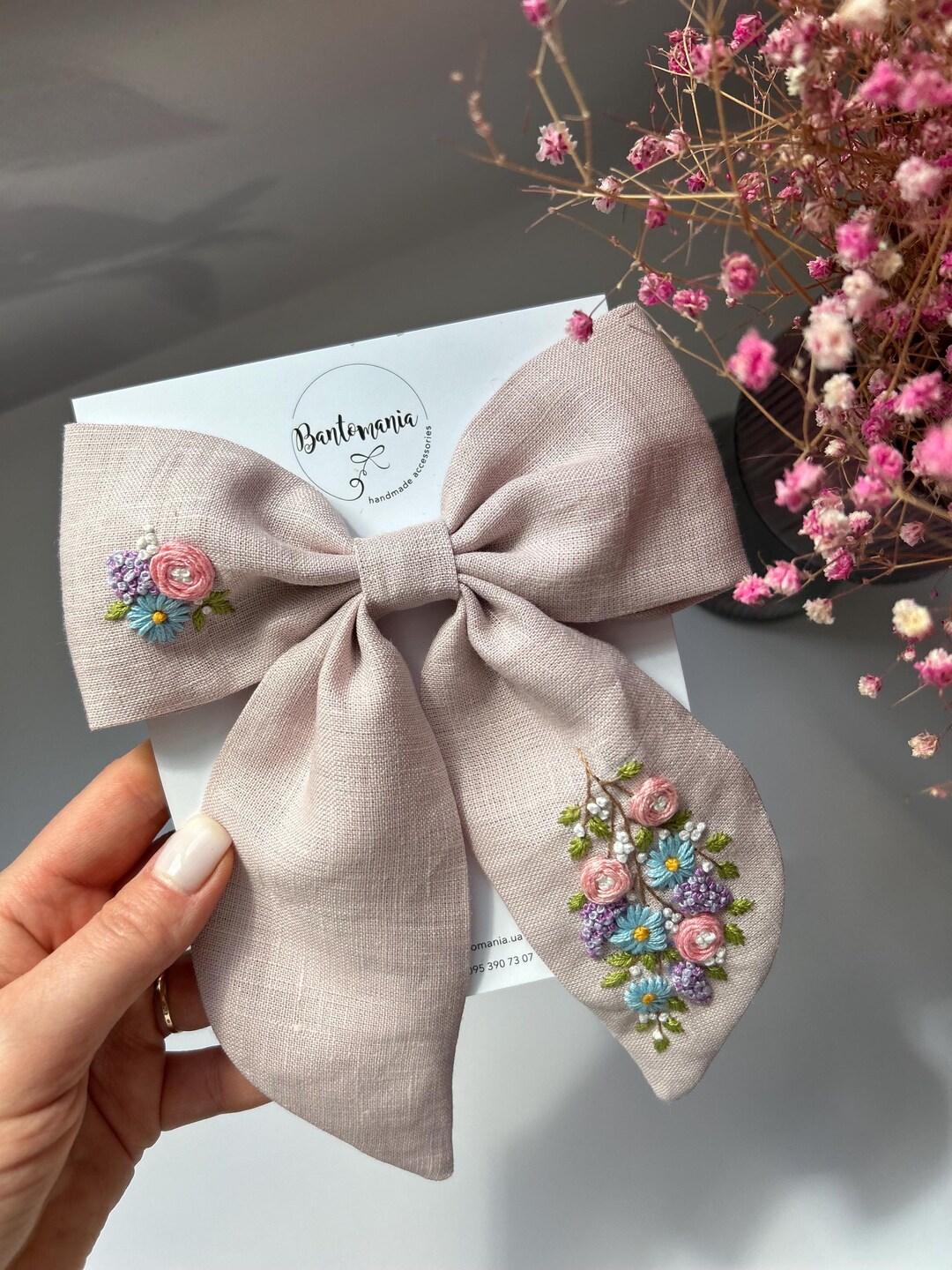 Embroidered Linen Hair Bow – Powder Pink Floral Spring Accessory - Etsy