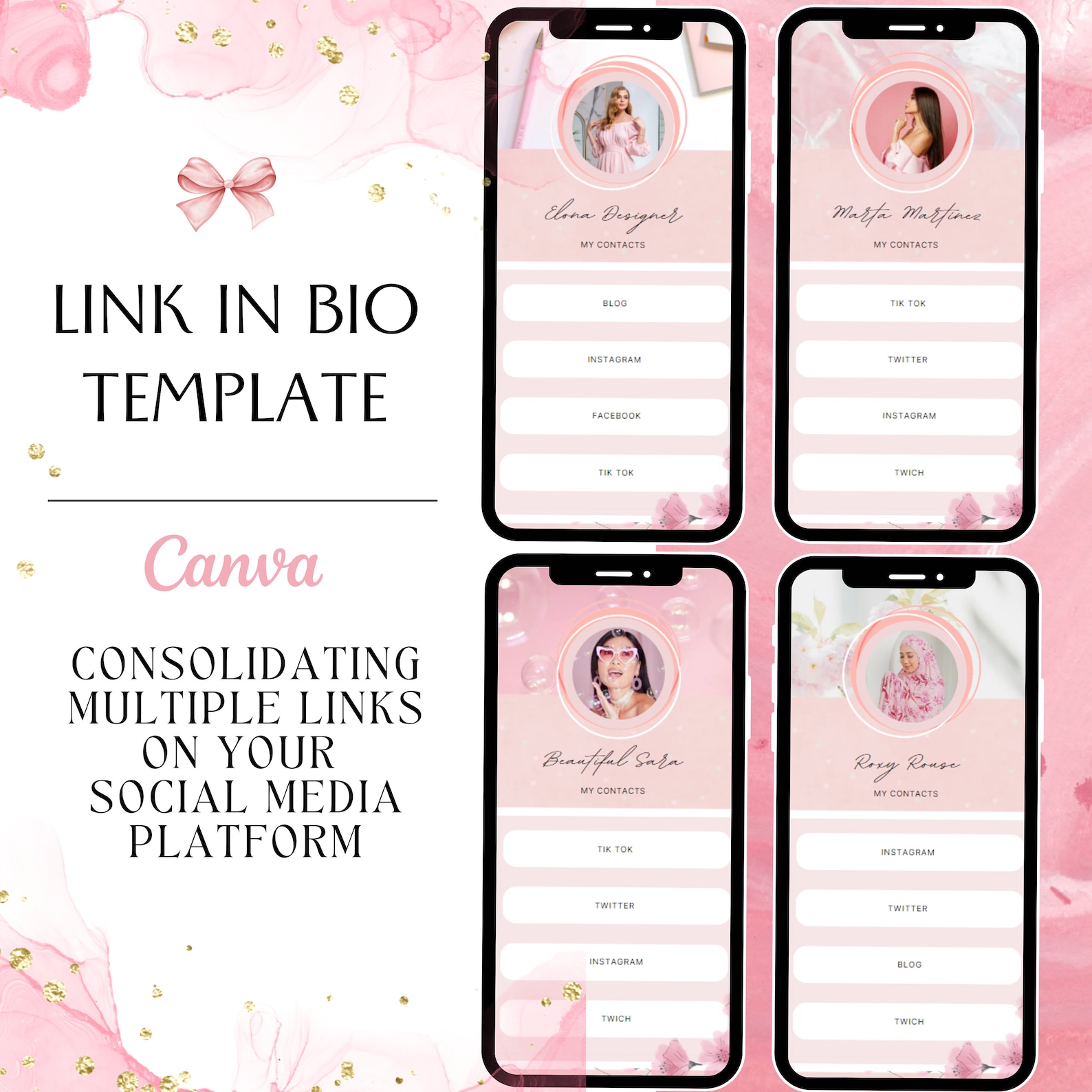 Link in Bio Linktree Canva Editable Template, Style Female - Mini Website Coquette Pastel ...