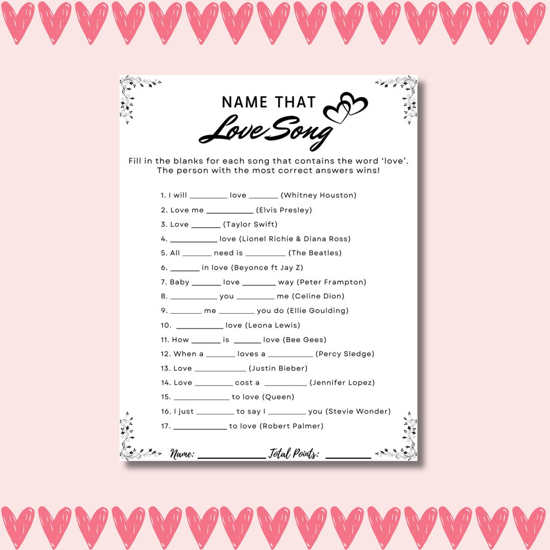Name That Love Song Bridal Shower Game (printable) - Etsy