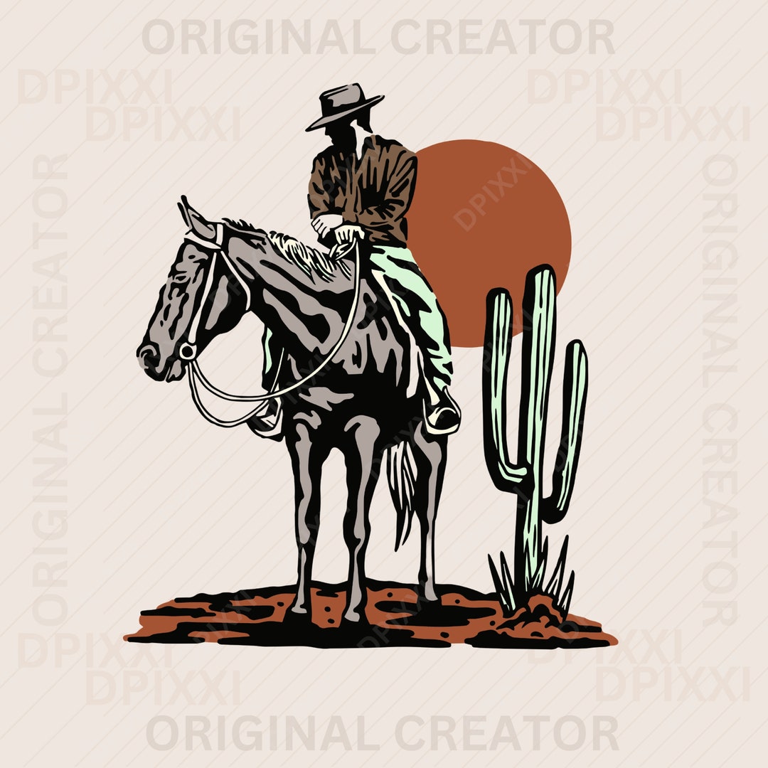 Thinking Cowboy Ride Horse Sunset, Retro Sublimations, Western PNG ...