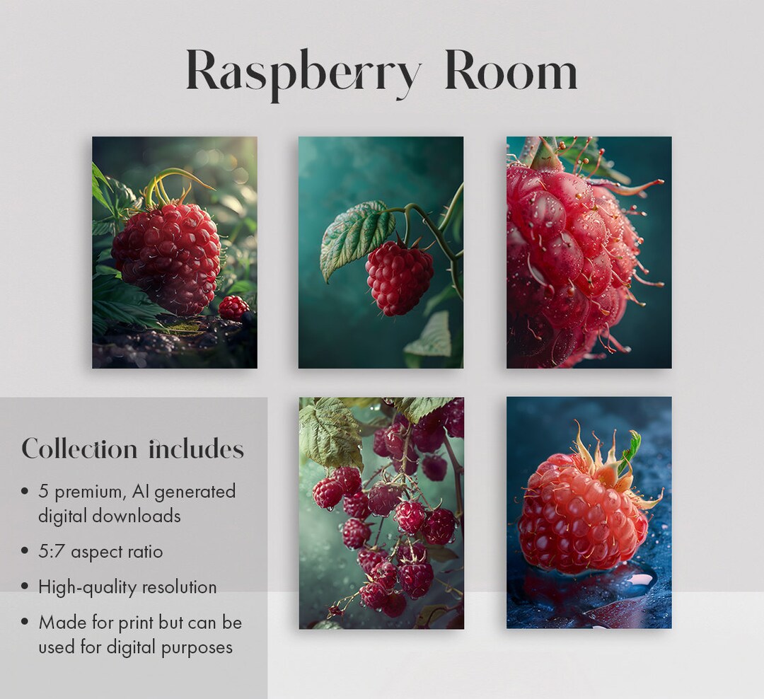 Raspberry Posters, 5 Ai-generated Digital Downloads. Fresh Raspberry ...
