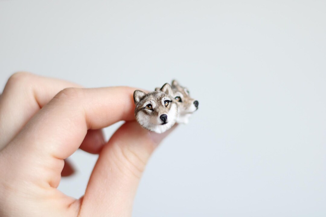 Wolf Handcrafted Polymer Clay Stud Earrings, Fimo Grey Wolf Forest ...