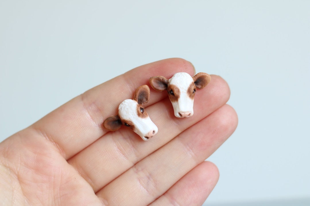 Brown White Cow Polymer Clay Handmade Stud Earrings, Fimo Farm Animal ...