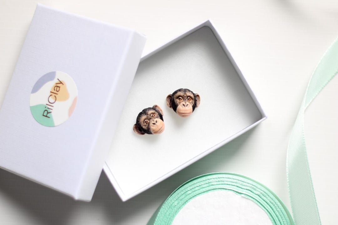 Chimpanzee Handcrafted Polymer Clay Stud Earrings, Fimo Monkey Wild ...