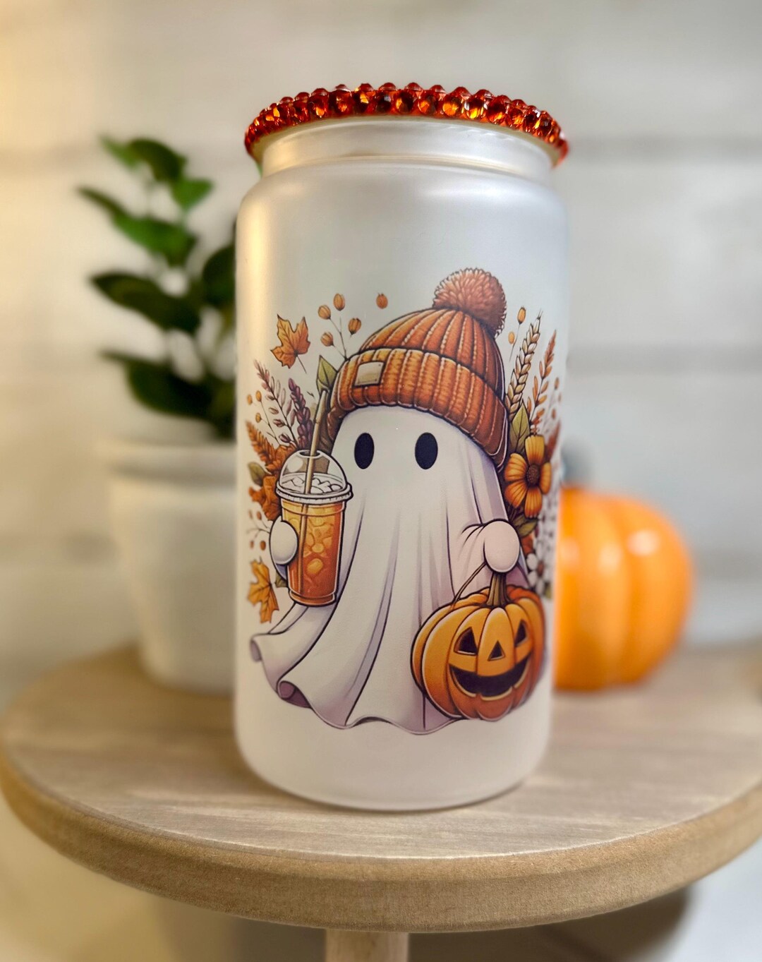 Fall Ghost Frosted Glass Can: Spooky Coffee Cup With Rhinestone Lid - Etsy