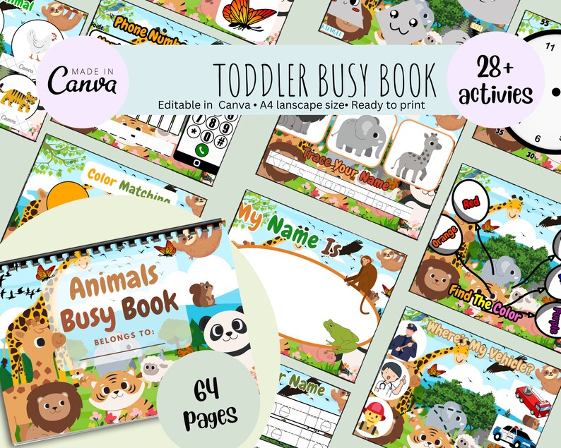 Animal-themed Busy Book Kids Learning Printable Editable Busy Books for ...