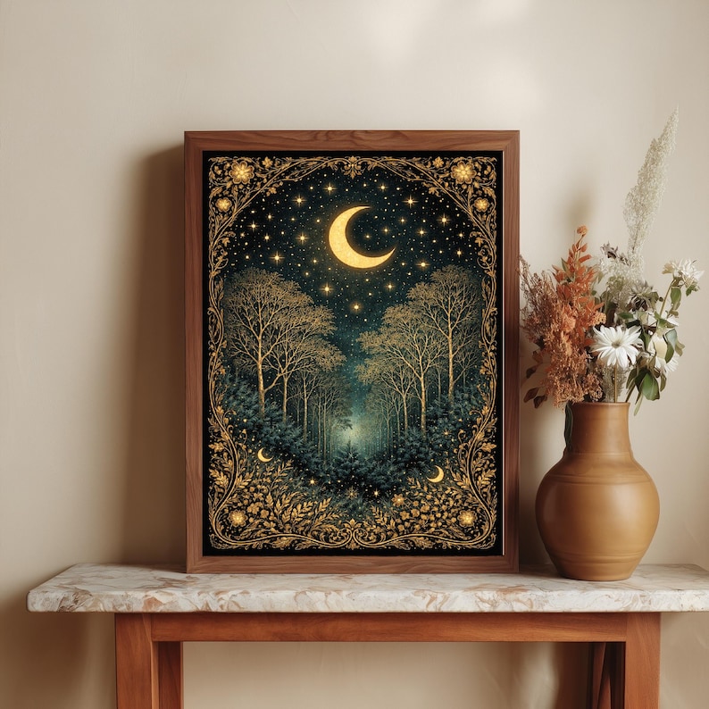 Crescent Moon Wall Art Forest Poster | Matte Vertical Poster, Celestial ...