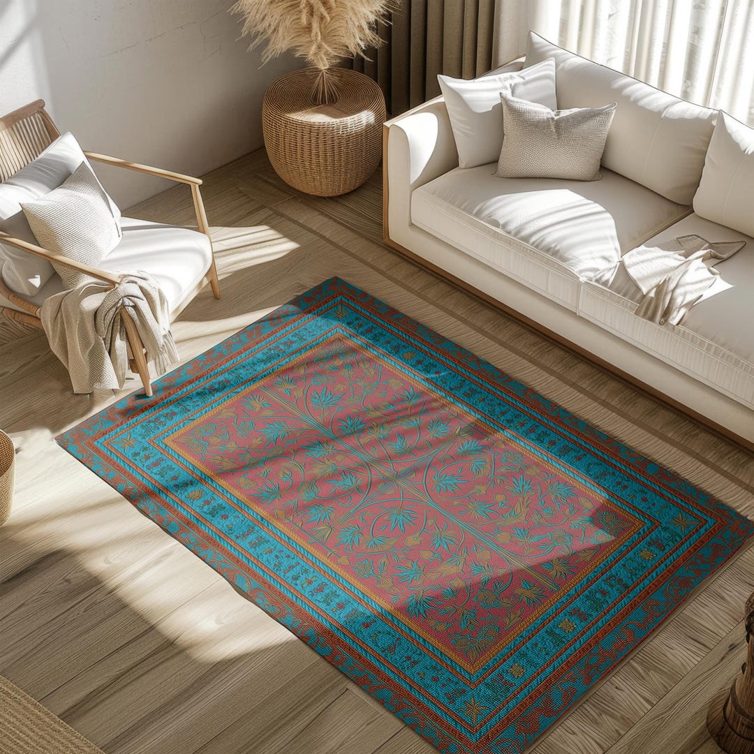 Vibrant Bohemian Vintage Style Floral Flower Rug, Orange Turquoise Boho ...