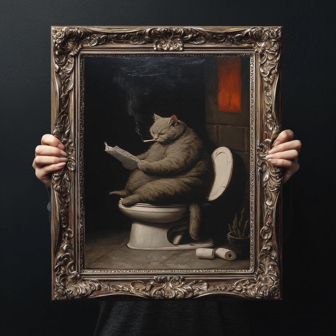 Smoking Fat Cat Reading on Toilet Poster | Matte Vertical Black Print ...