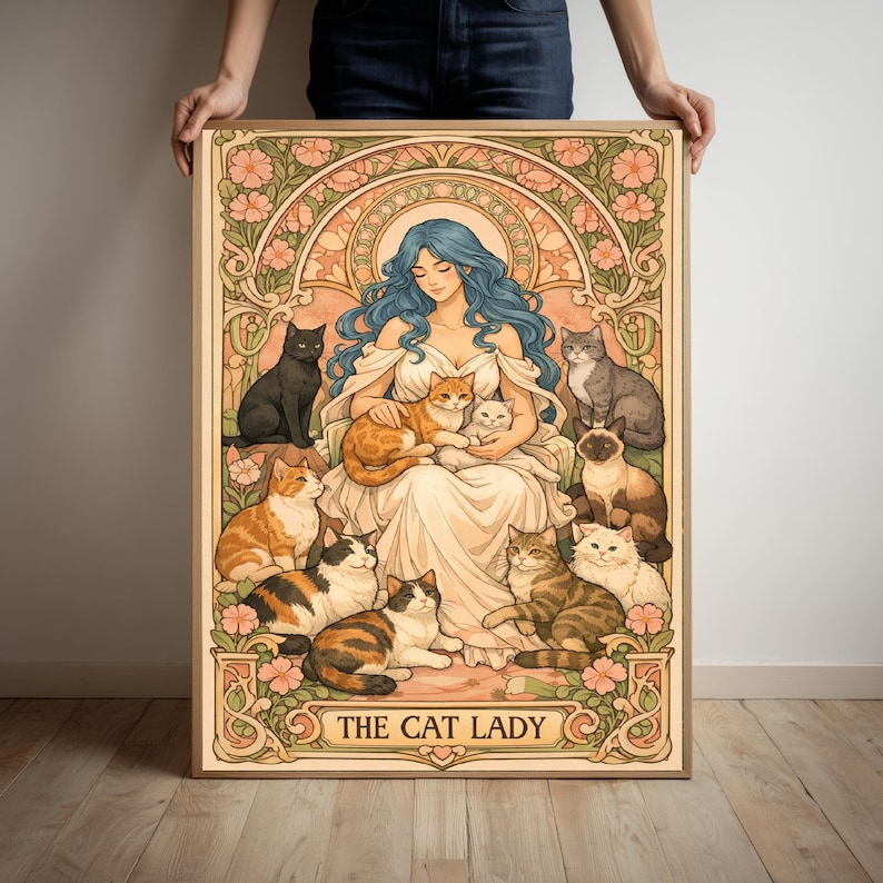 The Cat Lady Matte Vertical Poster Print | Wall Art Nouveau Cat ...