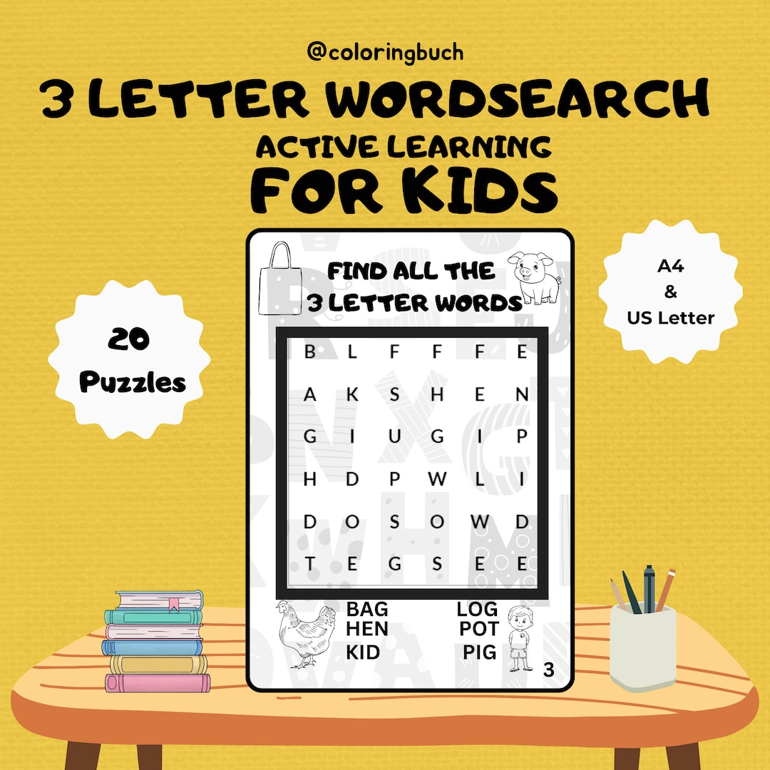 Simple 3-letter Word Search Pages for Children and New Learners (set of ...