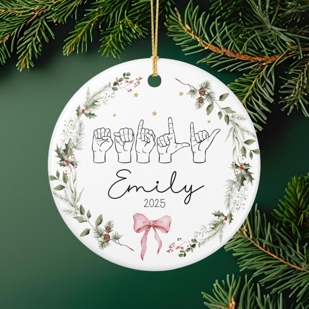 Personalized ASL Christmas Ornament, Sign Language Name and Year, White ...