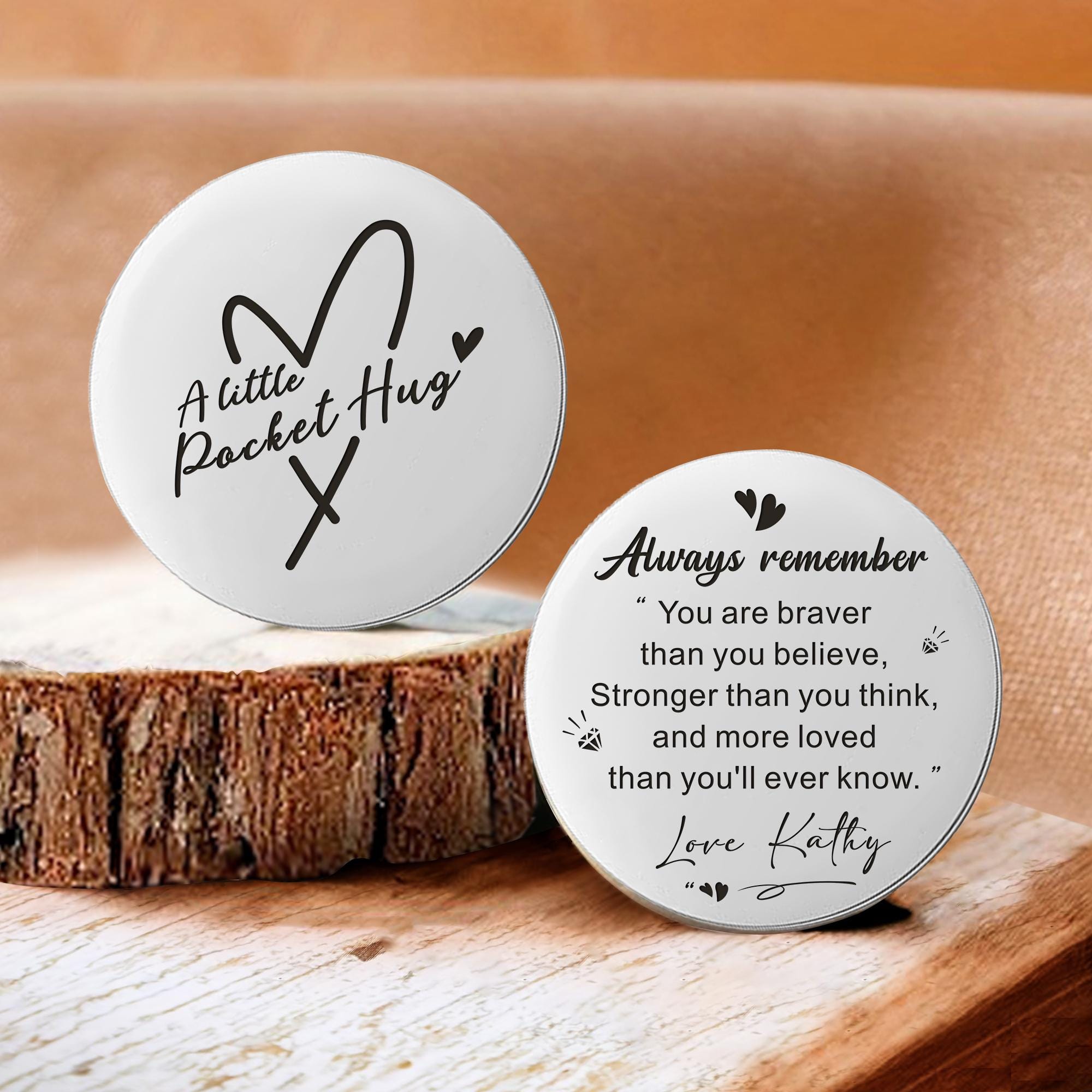Personalized Pocket Hug Token: Engraved Stainless Steel With Leather ...