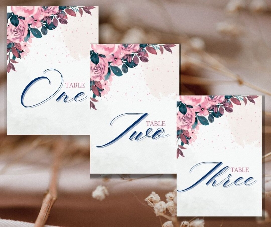 Table Numbers Template, Pink and Blue Watercolors, Editable, Printable ...