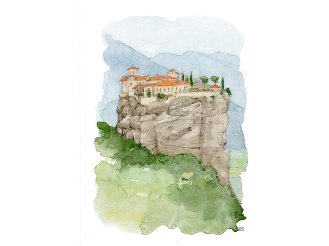 Monastery of Holy Trinity Meteora, Original Watercolour Painting ...