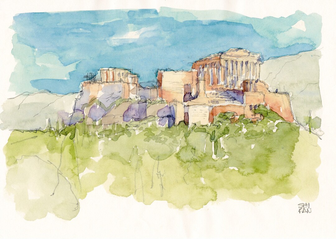 Acropolis Watercolor Sketch, a Seen From Nymphs Hill, Athens, Greece. A ...