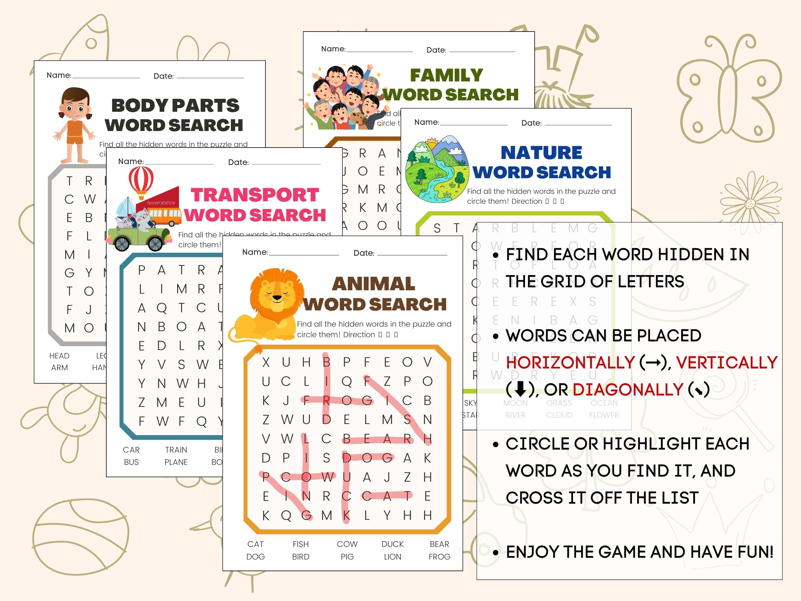 Engaging Word Search Game for Ages 5-7 Crossword for Kids, Easy Reading ...