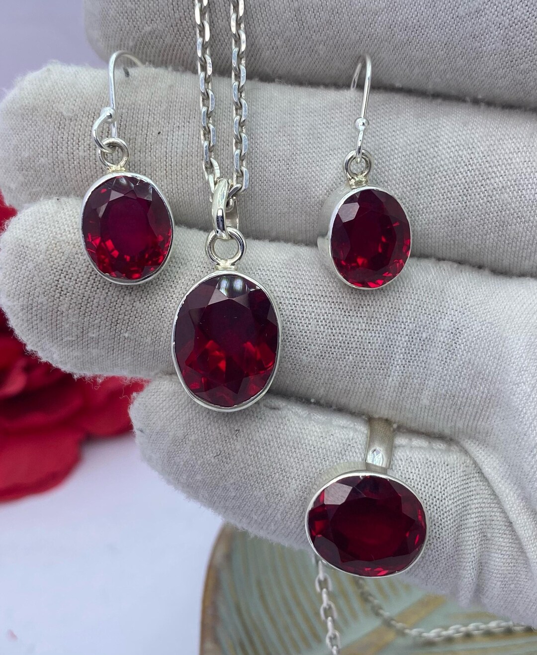 Red Onyx Sterling Silver Jewelry Set - Oval Pendant, Earrings & Ring - Etsy