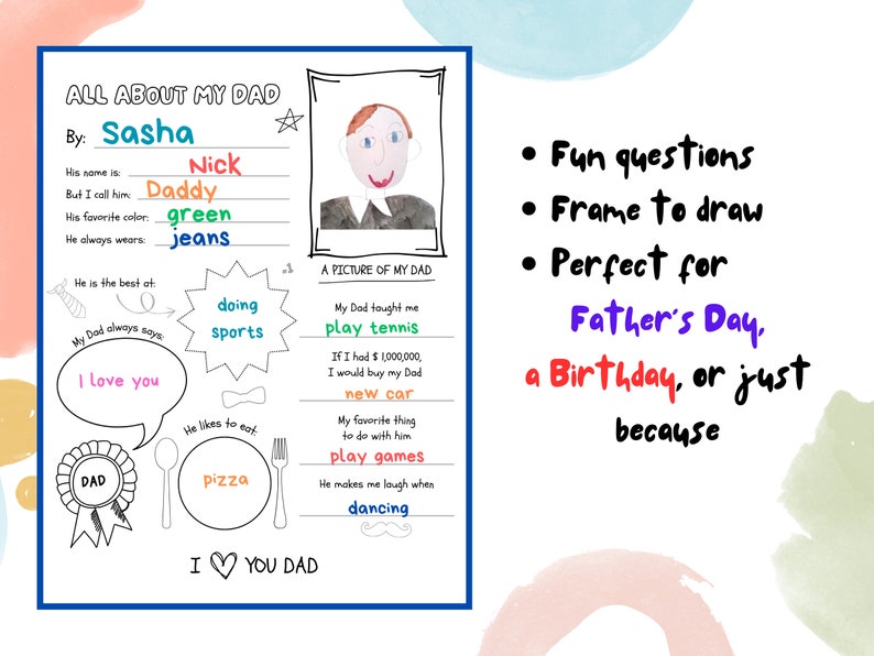 Father's Day Questionnaire, All About Dad Printable, Kids Fathers Day ...