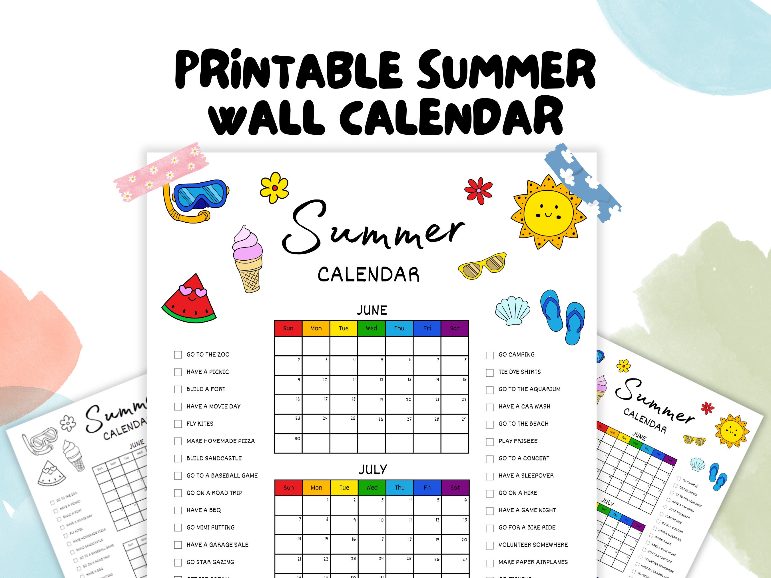 Summer Calendar Poster Printables Summer Fun Bucket List Family Planner ...